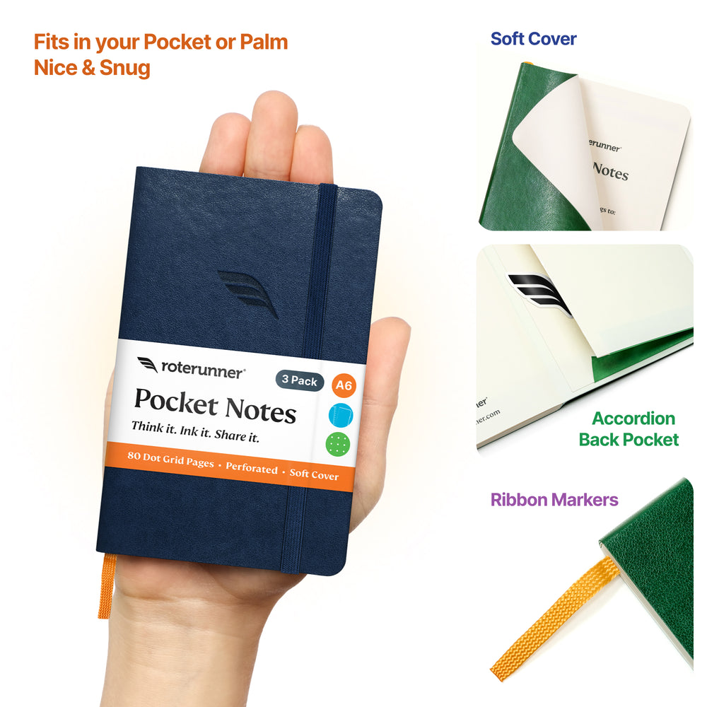 A6 Pocket Notebooks (3 Pack) – Dotted Mini Notebooks 3.5x5.5" | Roterunner